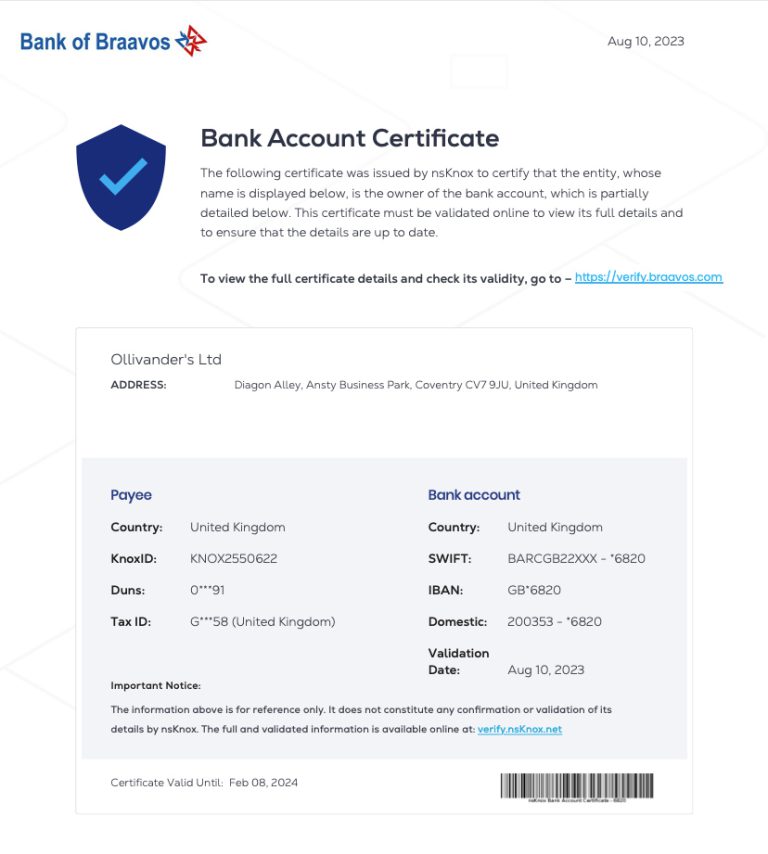 Bank Account Certificate for Banks - nsKnox